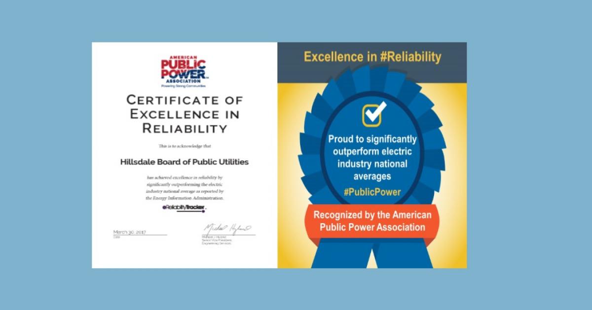 Certificate of Excellence in Reliability | Hillsdale Michigan