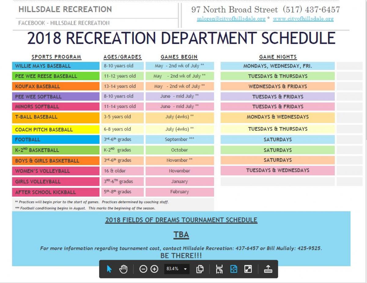 Hillsdale Recreation Programs Schedule | Hillsdale Michigan